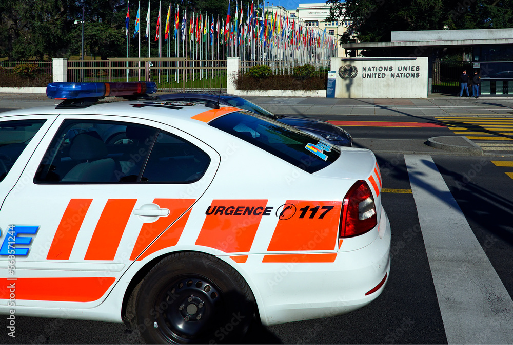 Geneva, Switzerland, Europe - police car in front of entrance to Palace ...