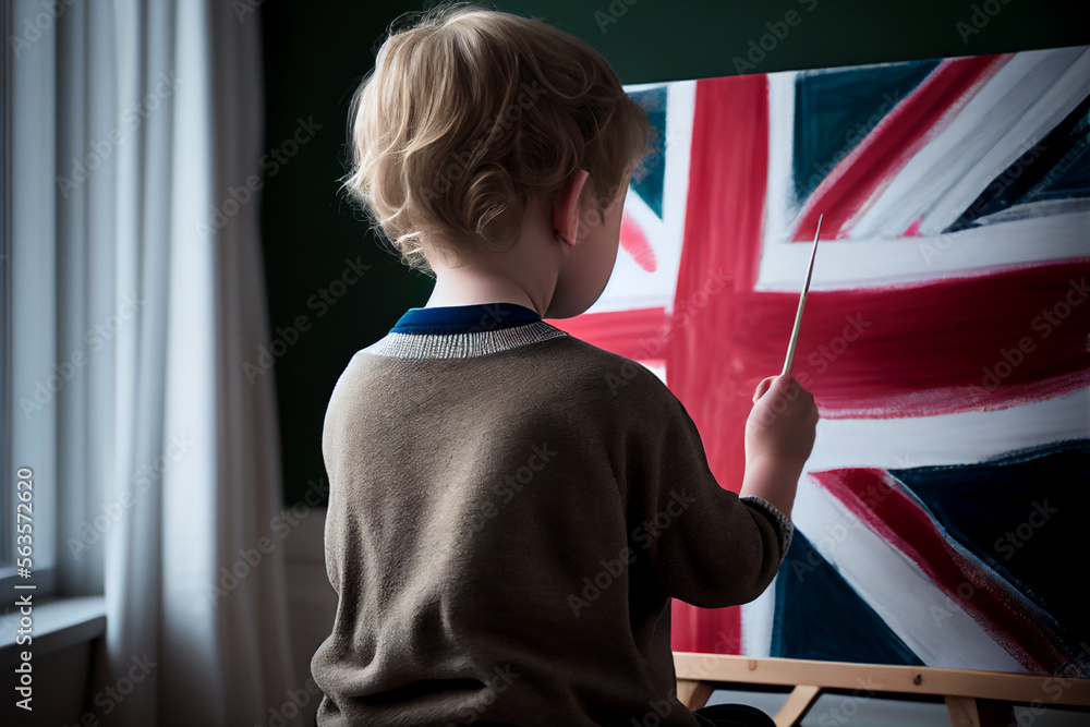 Small young boy painting the Union Jack in an education art class in a ...