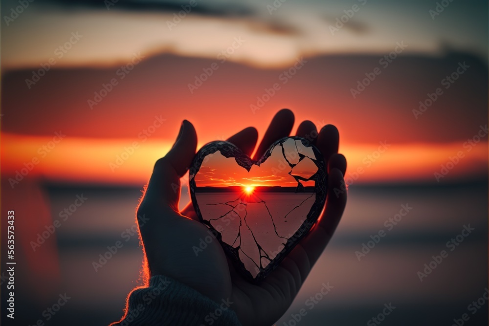 Broken heart in a mans hand on a sunset background. Generative AI Stock ...