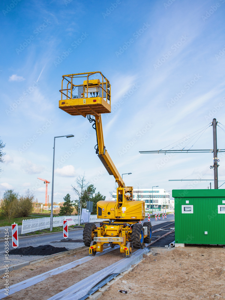 a railway aerial work platform from at the construction site of a tram ...