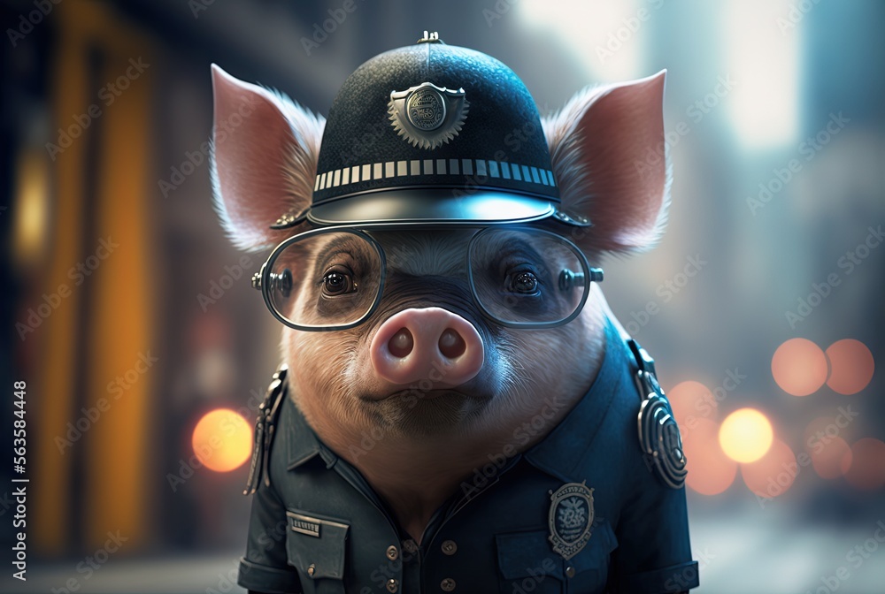 illustration of a pig wearing fashion costume or disguise as police ...