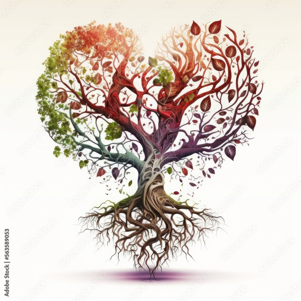 tree of life, roots making red heart shape, celtic style, colourful ...
