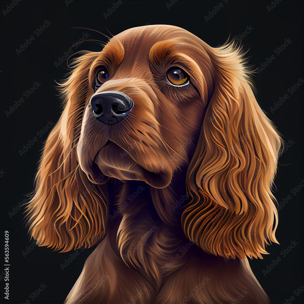 Cocker spaniel looking up, black background, cartoon style Stock ...