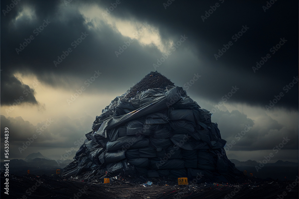 Mountains of garbage and plastic black bags of garbage in a huge ...
