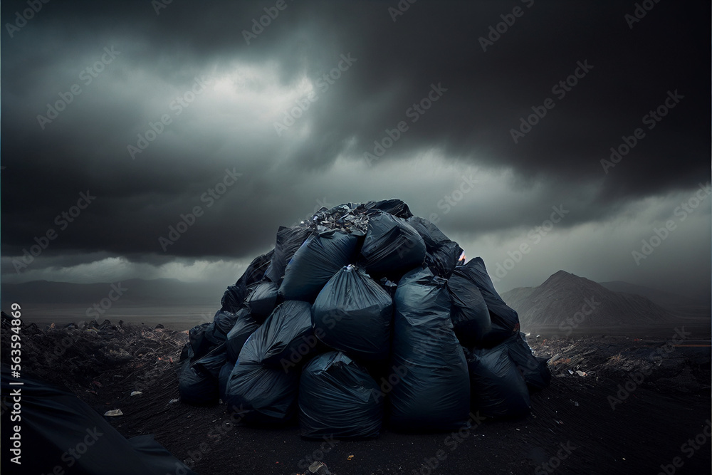 Mountains of garbage and plastic black bags of garbage in a huge ...