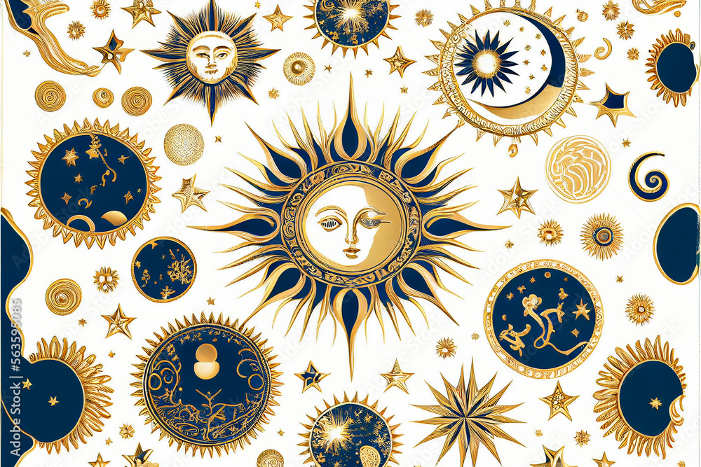 Mystical gold with stars, moon phases, crescents, arrows and copy space ...