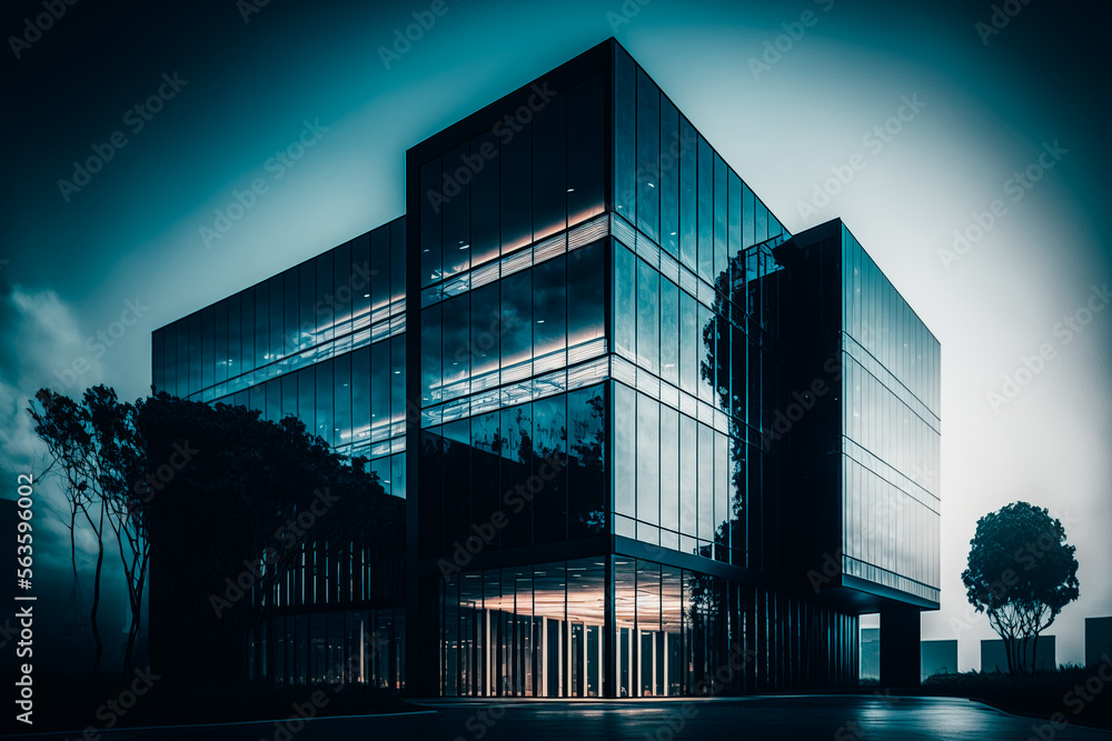 An image of a modern and sleek office building, with tall glass windows ...
