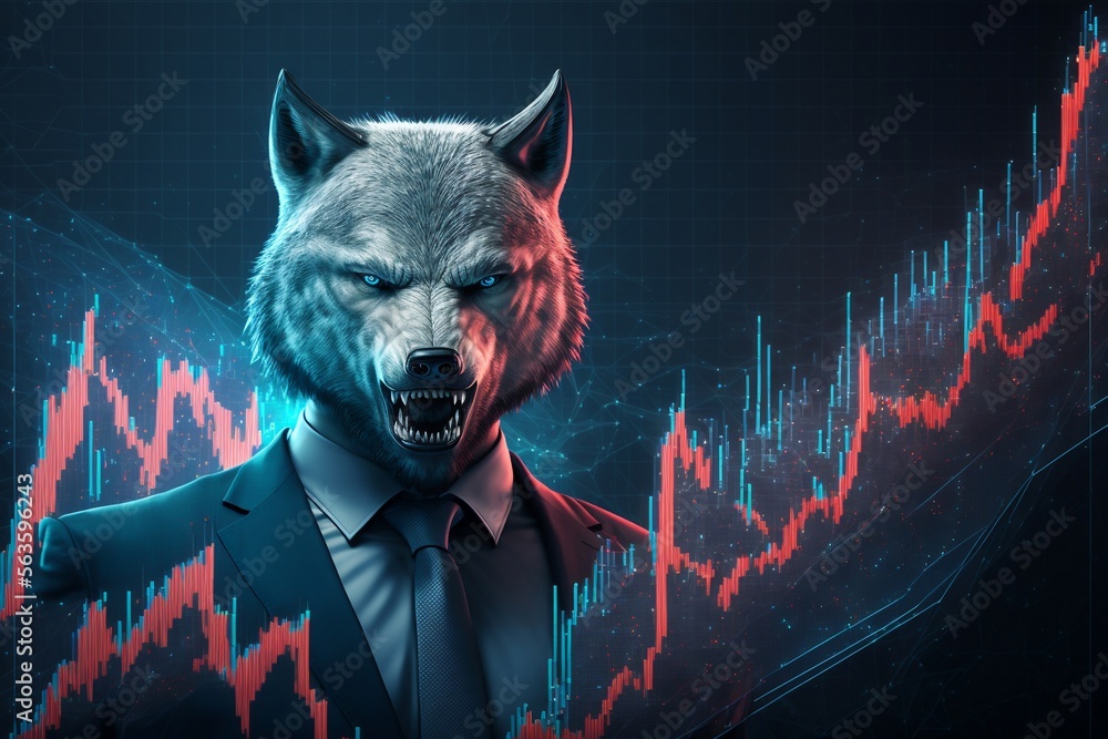 Personnage en costume avec une tête de loup devant un arrière-plan ...