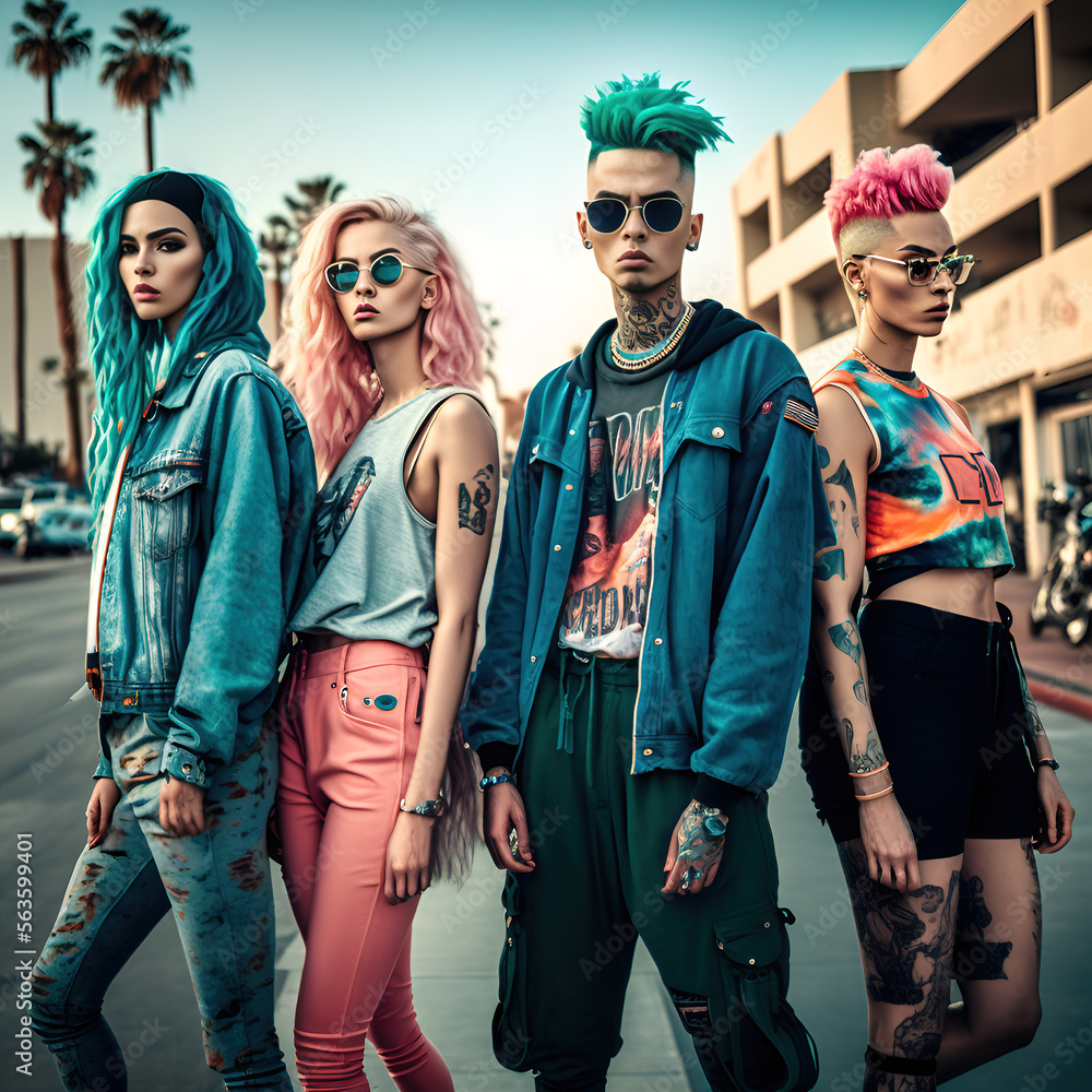 Hipster group of teenagers who have alternative, rock and roll style ...