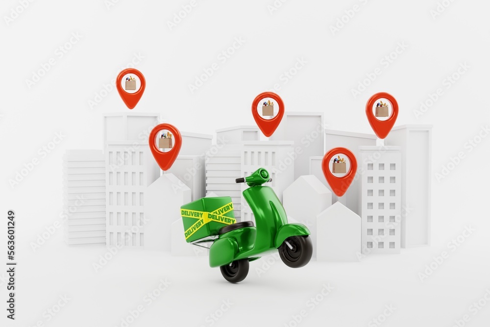 food delivery pin map navigate around cityscape in monochromatic style ...