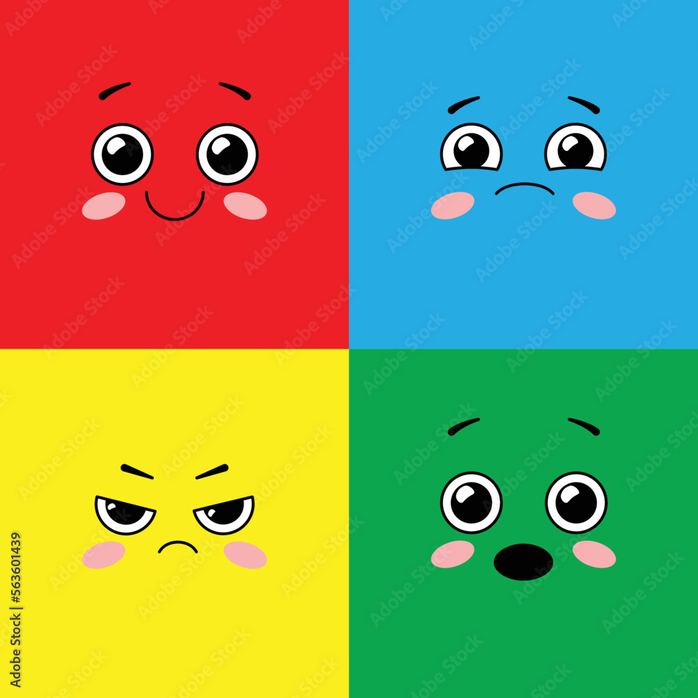 Basic emotions are joy, sadness, anger, fear or surprise. Four colorful ...