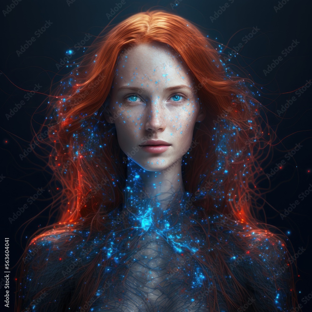 Fururistic Redhead Robot Woman With Artificial Intelligence Generative Ai Stock Illustration