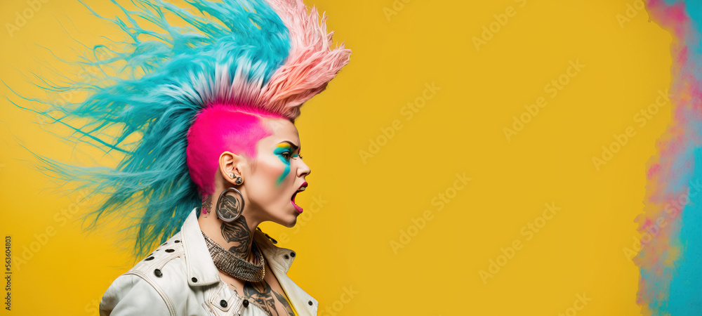 Colorful portrait of a modern hipster, punk girl with a vivid color ...