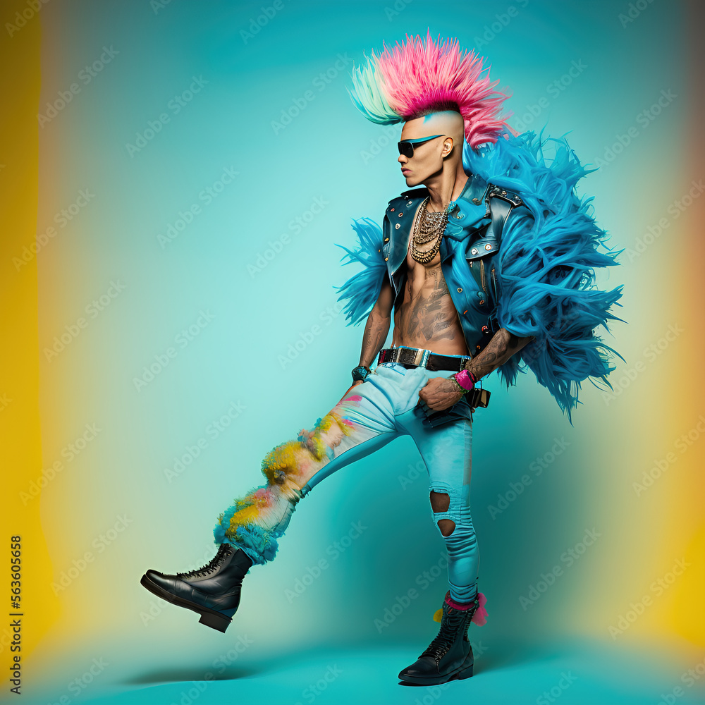 Colorful portrait of a modern hipster, punk boy with a vivid color ...