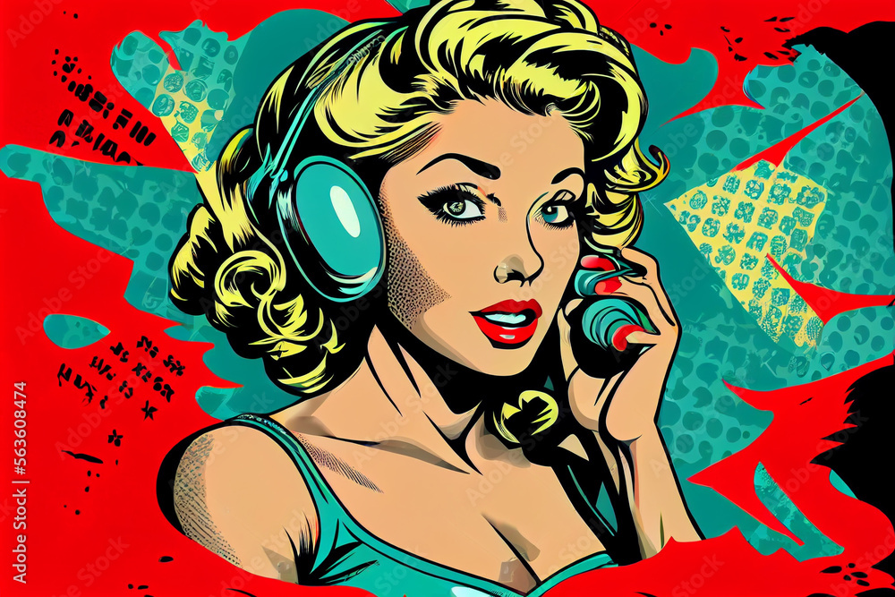 Sexy Pin Up Frau Mit Einem Telefonhörer Am Telefonieren Bunter Hintergrund In Pop Art Retro