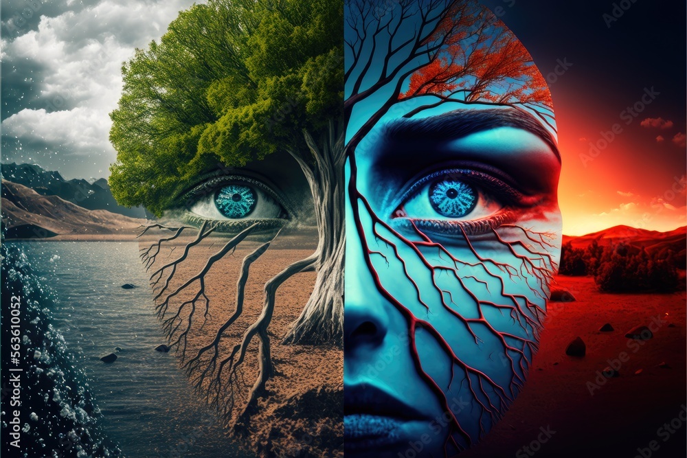 Conceptual shocking image of drought in the world. Human head divided ...