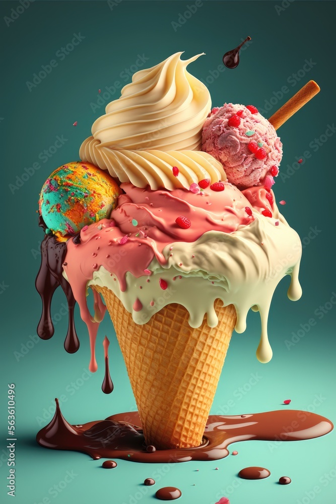 Colorful delicious ice cream melting and dripping on a colored ...