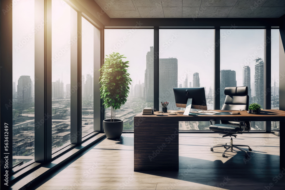 Workspace desk for executive leader in luxury interior of high-rise ...