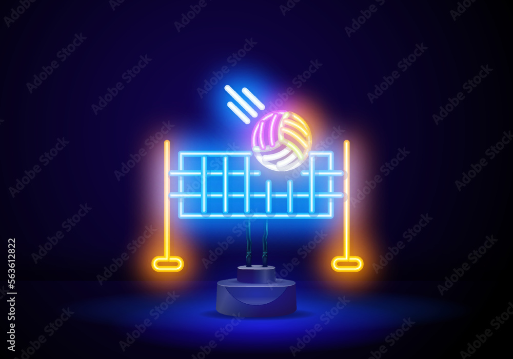 Vector neon light sign of a volleyball net with a flying ball Glowing ...