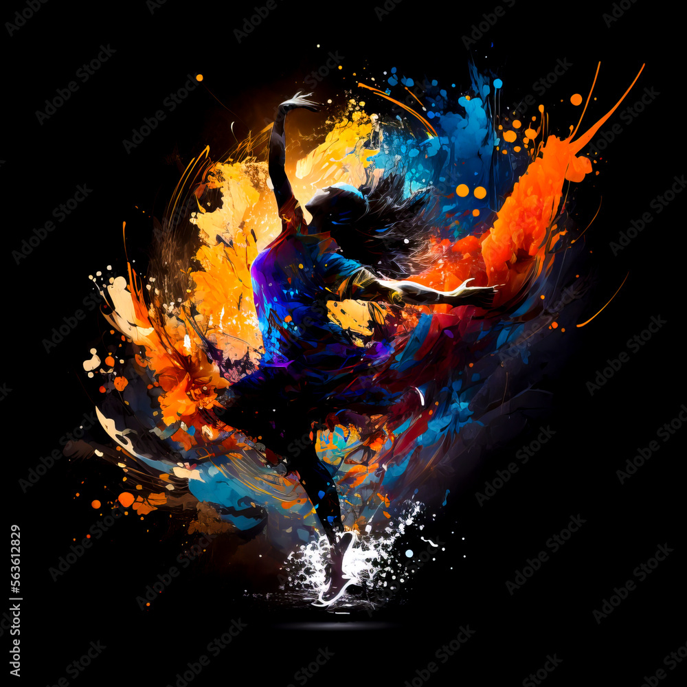 Female dance in abstract multi color paint explosion on black ...