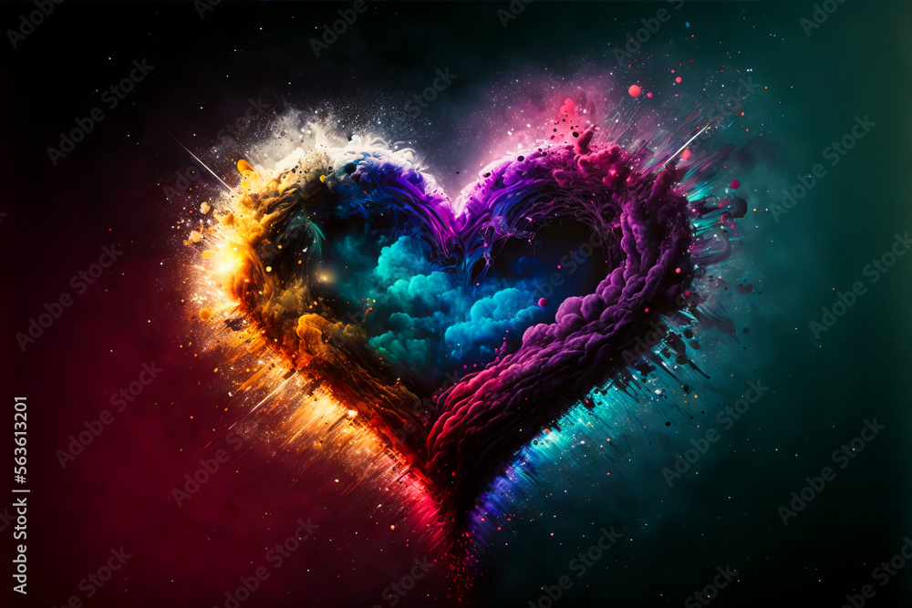 Heart shaped multi color paint explosion on black background. Paint ...