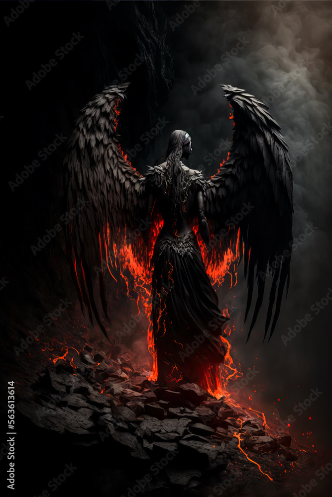 Fallen angel with black wings covered in red blood standing in the Hell ...
