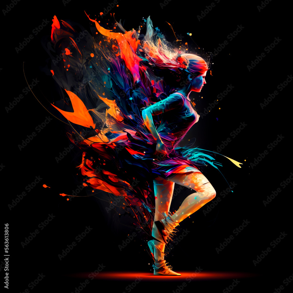 Female dance in abstract multi color paint explosion on black ...