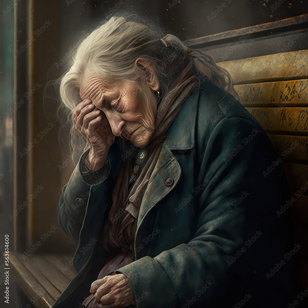 Generative AI illustration of sad old lady grieving the death of a ...