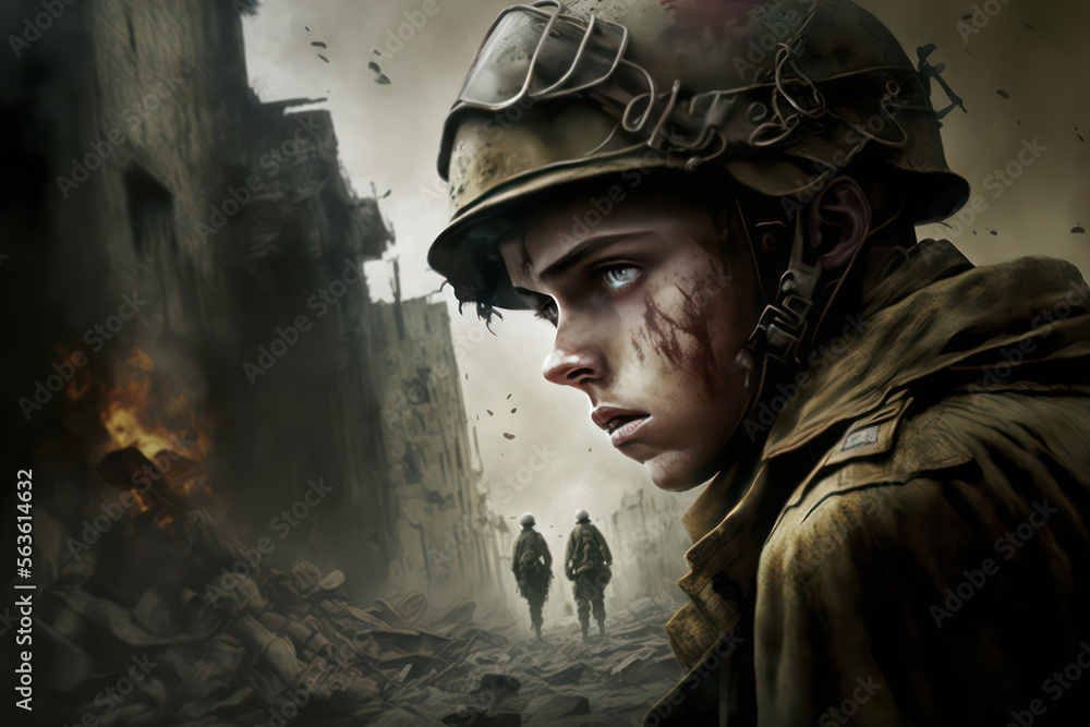 Generative AI illustration conceptual image a of child wearing soldier ...