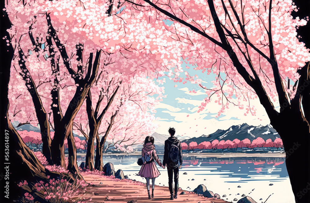 couple holding hands walking in a park, path, japan, sakura, cartoon ...