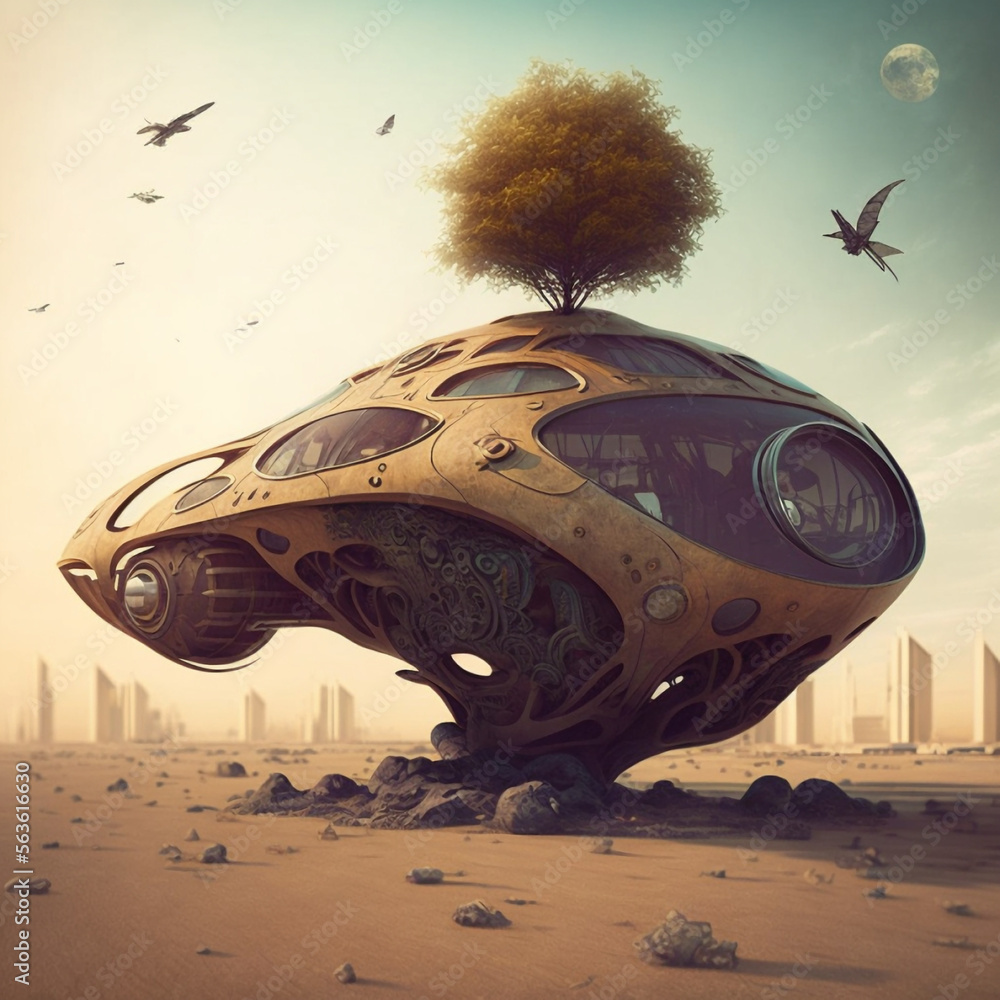 Spaceship flying over the earth with an organic design and a tree on ...