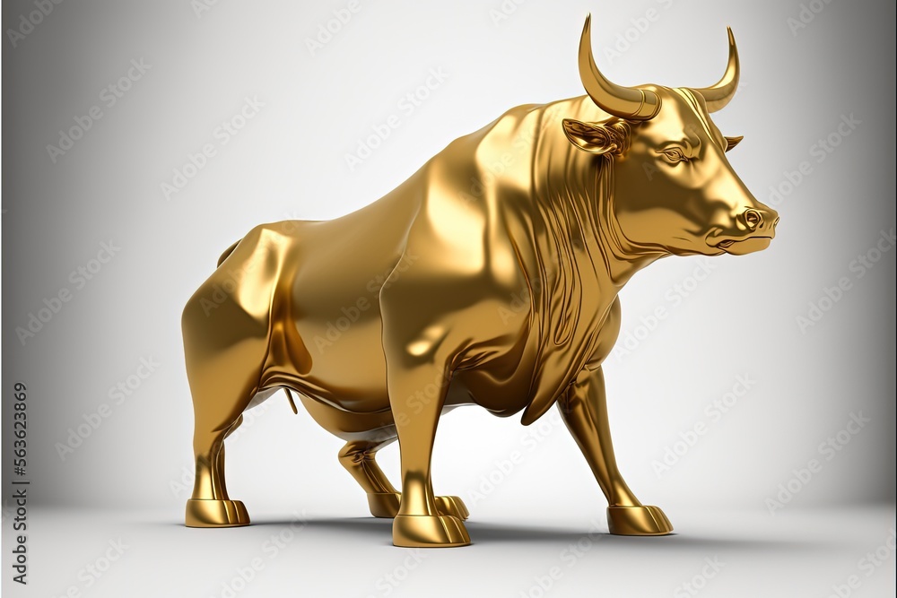 Bull statue illustration made in solid gold, financial market, white background. Generative AI ...