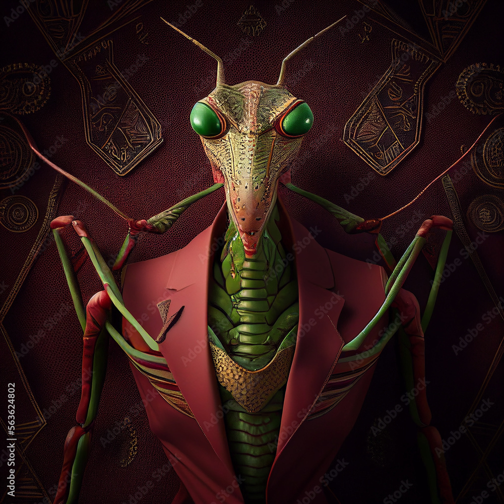 Realistic lifelike praying mantis in dapper high end luxury formal suit ...