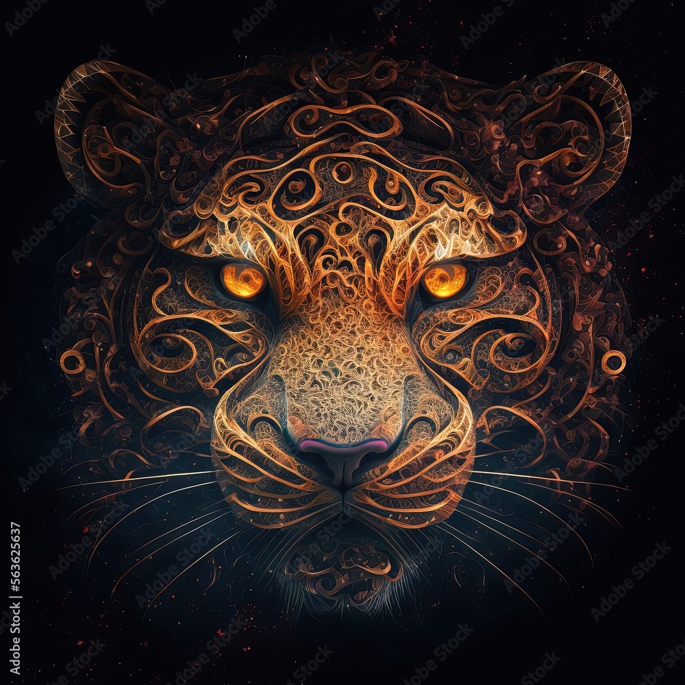 Mystic tiger face with amazing shapes and frightening look. AI digital ...