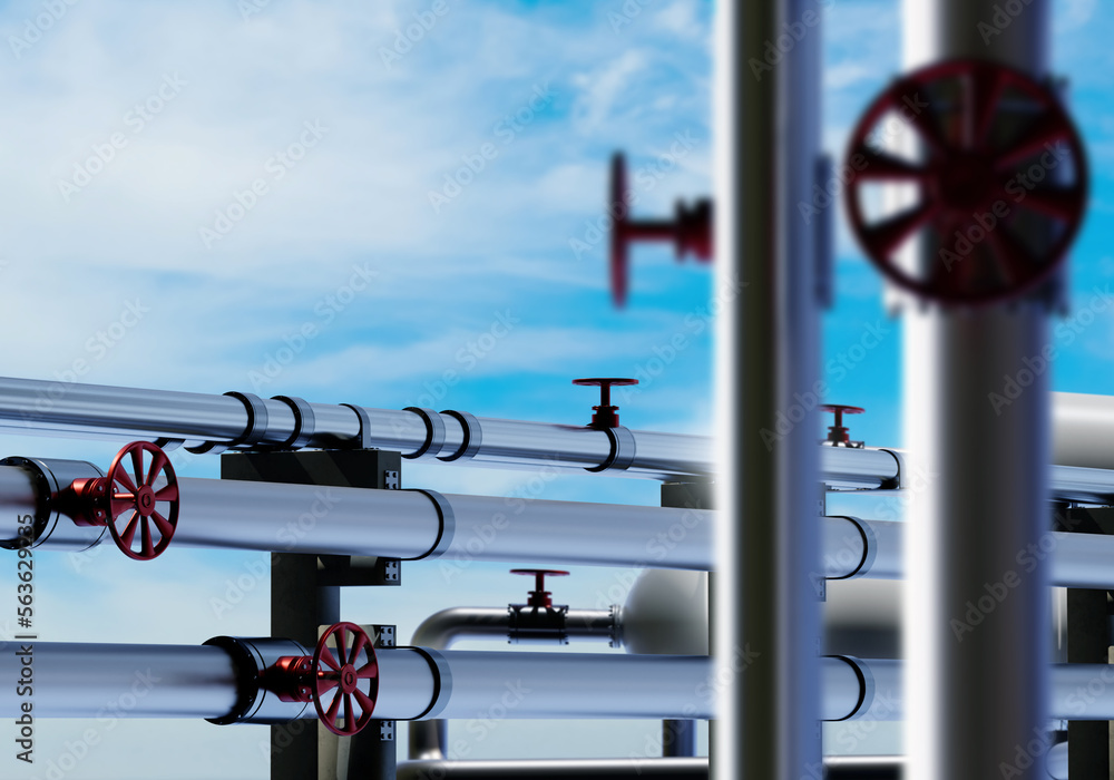 Gas pipeline in open air. Steel pipes on concrete supports. Pipeline ...