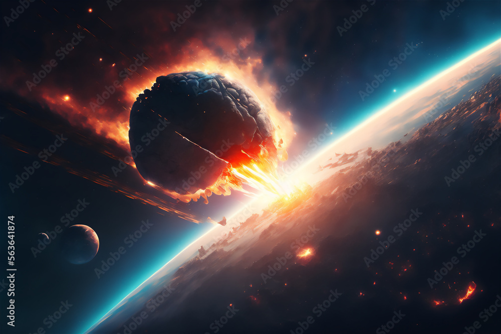Asteroid impact, end of world, judgment day. Group of burning exploding ...