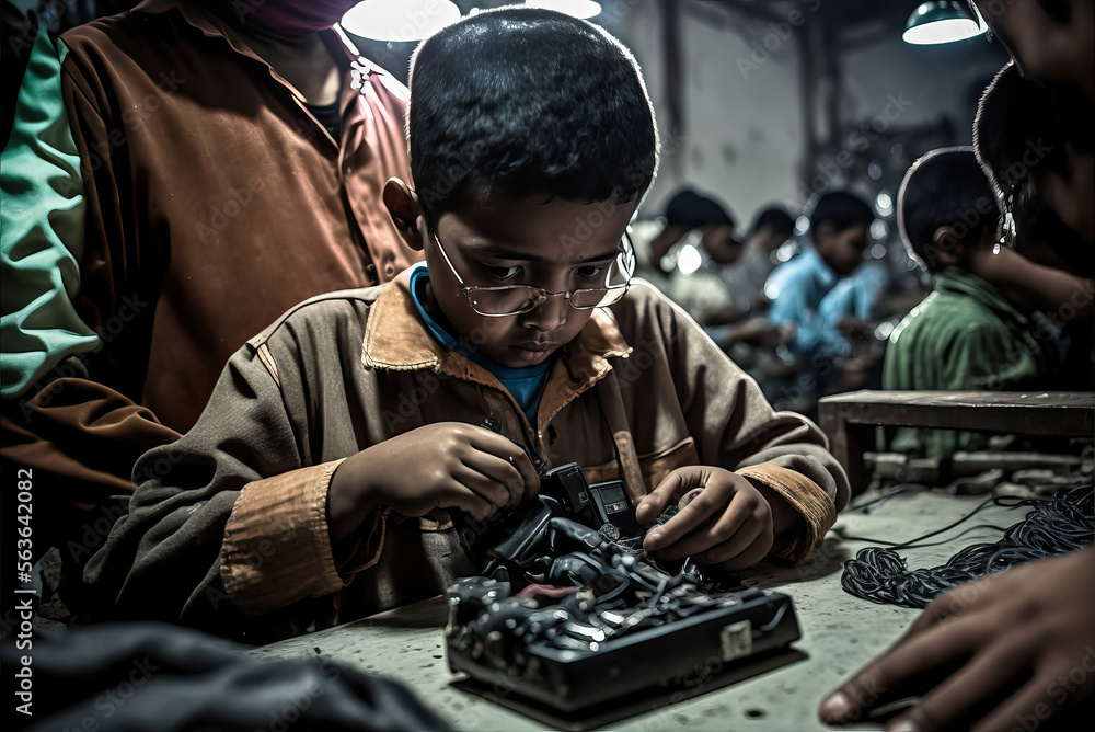 Child labour in electronics industry - a teenage asian boy assembling a ...