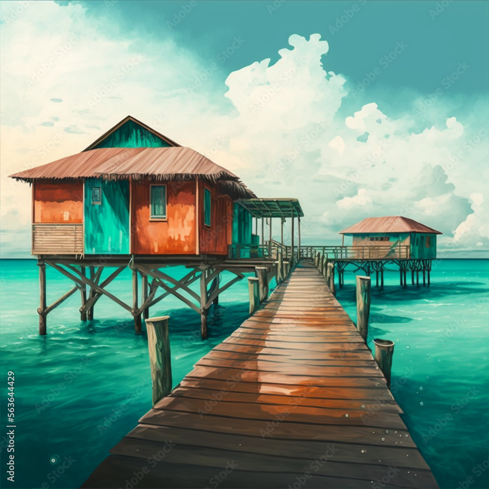 maldives, stilt houses, turquoise sea, digital art style, illustration ...