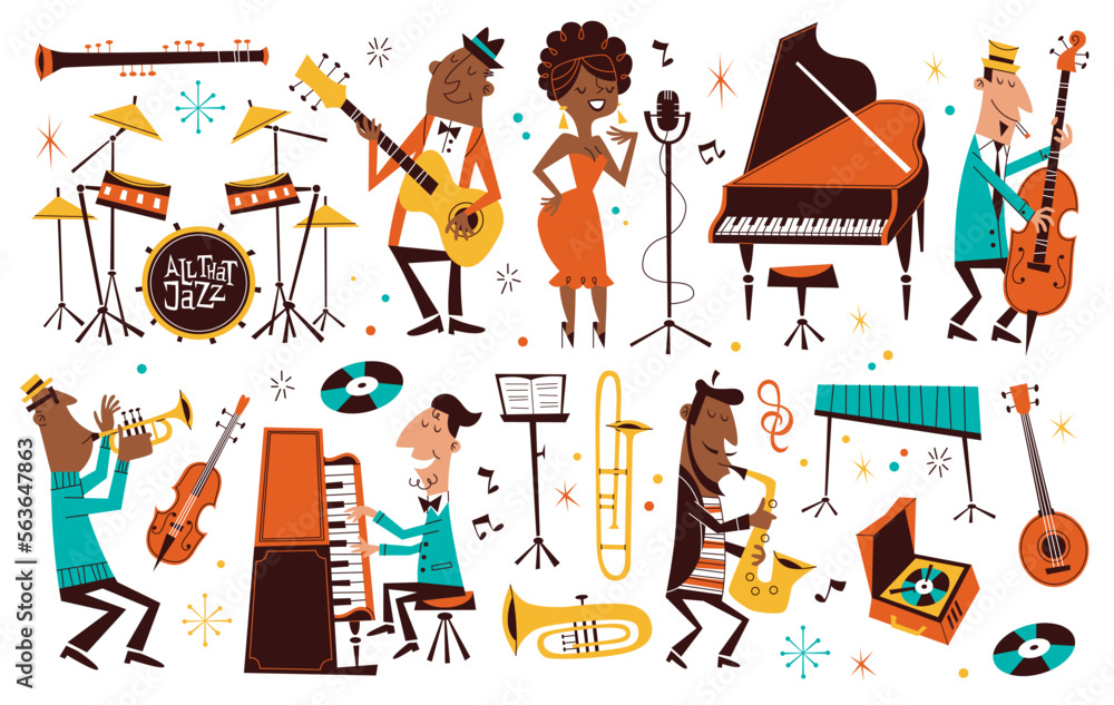 Cartoon jazz music. Cute professional musicians with instruments, comic ...