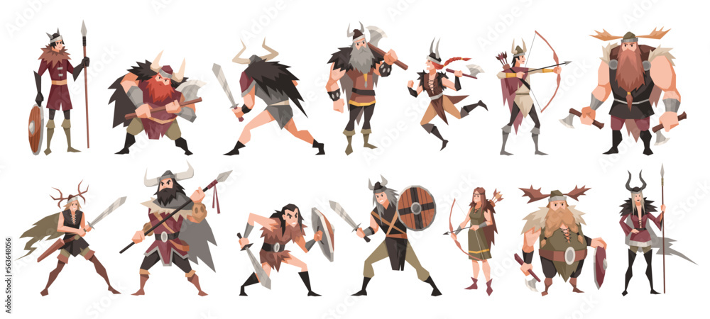 Cartoon viking characters. Funny medieval warriors, women and kids, men ...