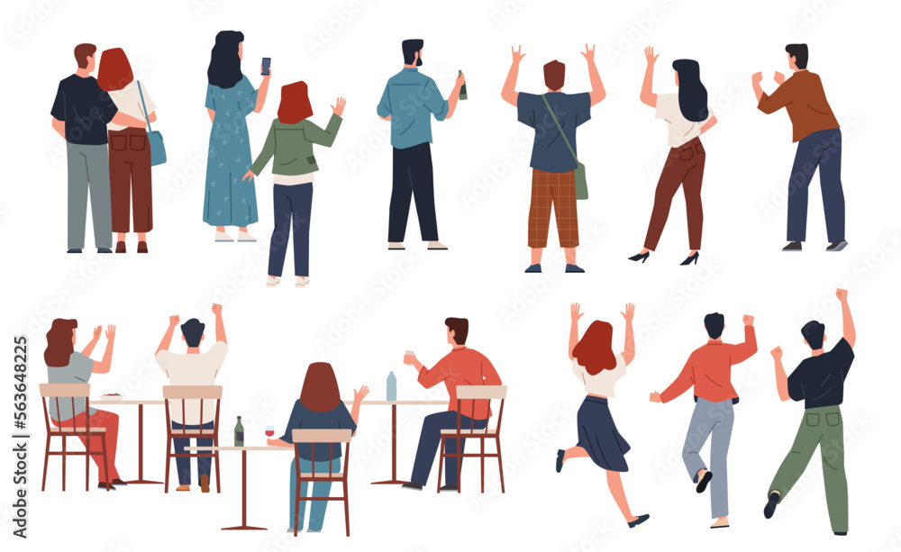 Cheering people back. Pozitive excited characters, rear view men and ...