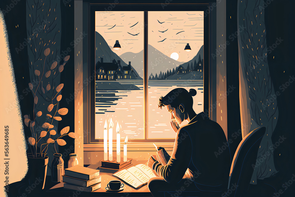 Illustration of a person sitting in front of a large window with a view ...