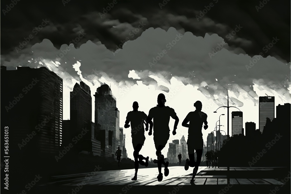 Dynamic marathon runners silhouette running in a cloudy stormy big city ...