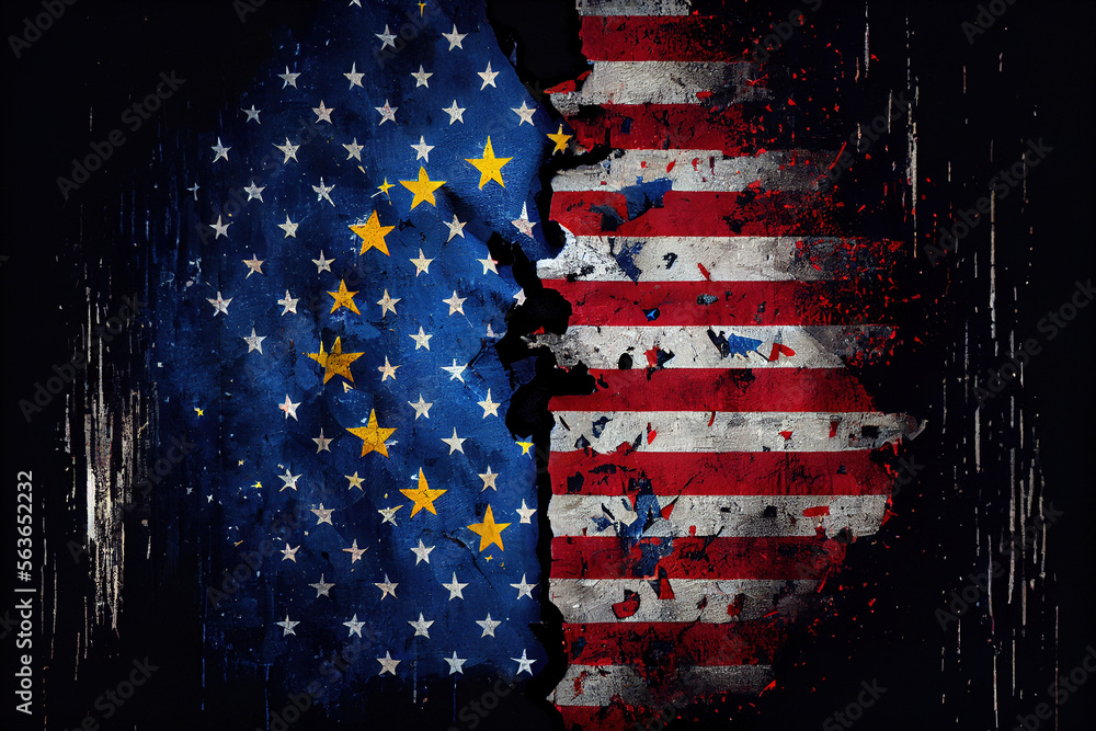 Broken flags of the United States and the European Union to show the ...