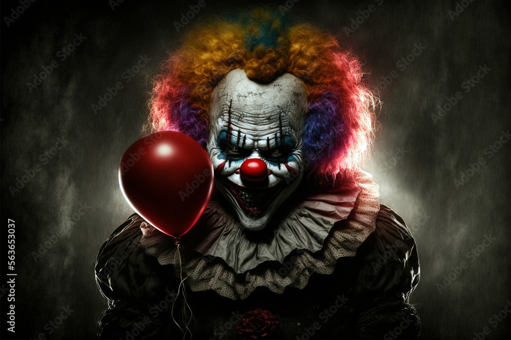 Creepy valentines day clown with a red balloon, horror dark background ...