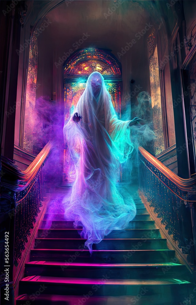 AI generated UHD HDR image of a surreal ghost descending a staircase ...