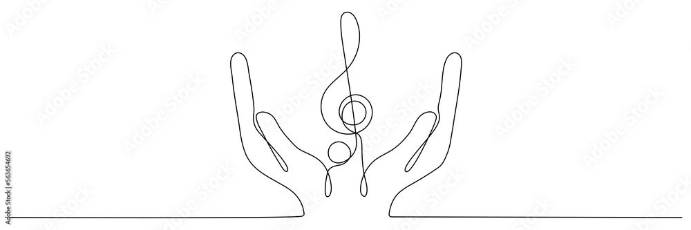 Hand holds music note continuous one line drawing. Treble clef linear ...