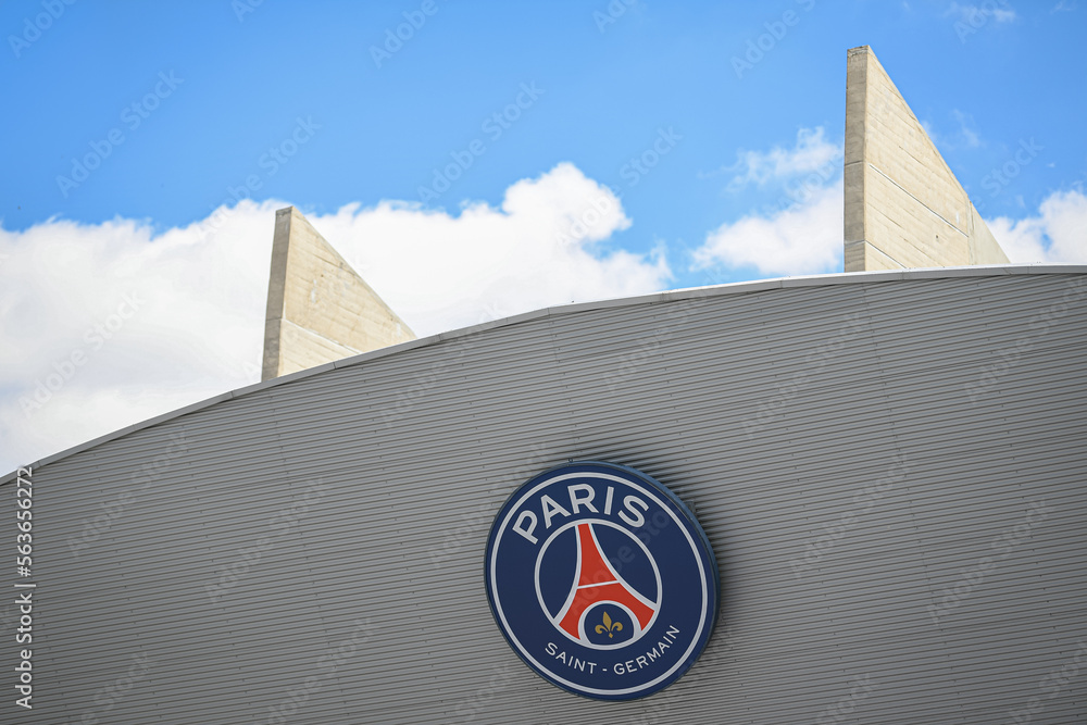 The Paris-Saint-Germain (PSG) stadium (from exterior with the logo ...