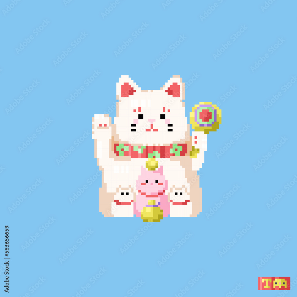 Pixel art lucky cat. 8 bit Maneki Neko in retro gamer style. Cute ...