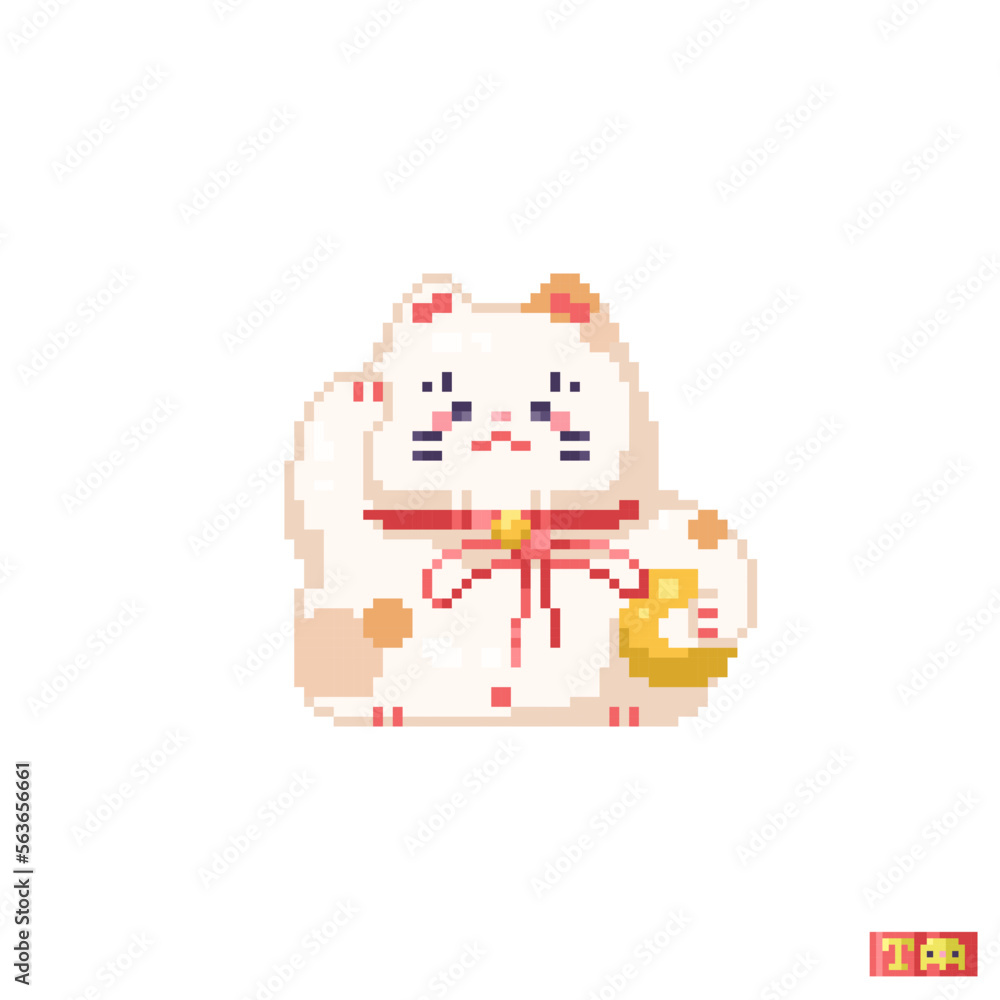 Pixel art lucky cat. 8 bit Maneki Neko in retro gamer style. Cute ...